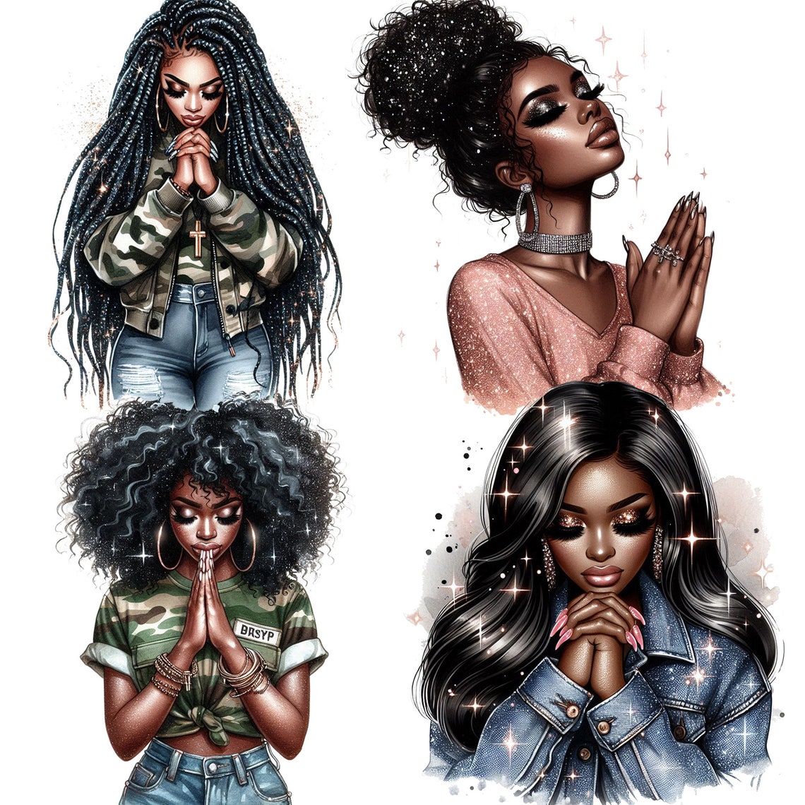 12 Black Women Praying, Black Girl Faith Clipart, Jesus and Faith Bible ...