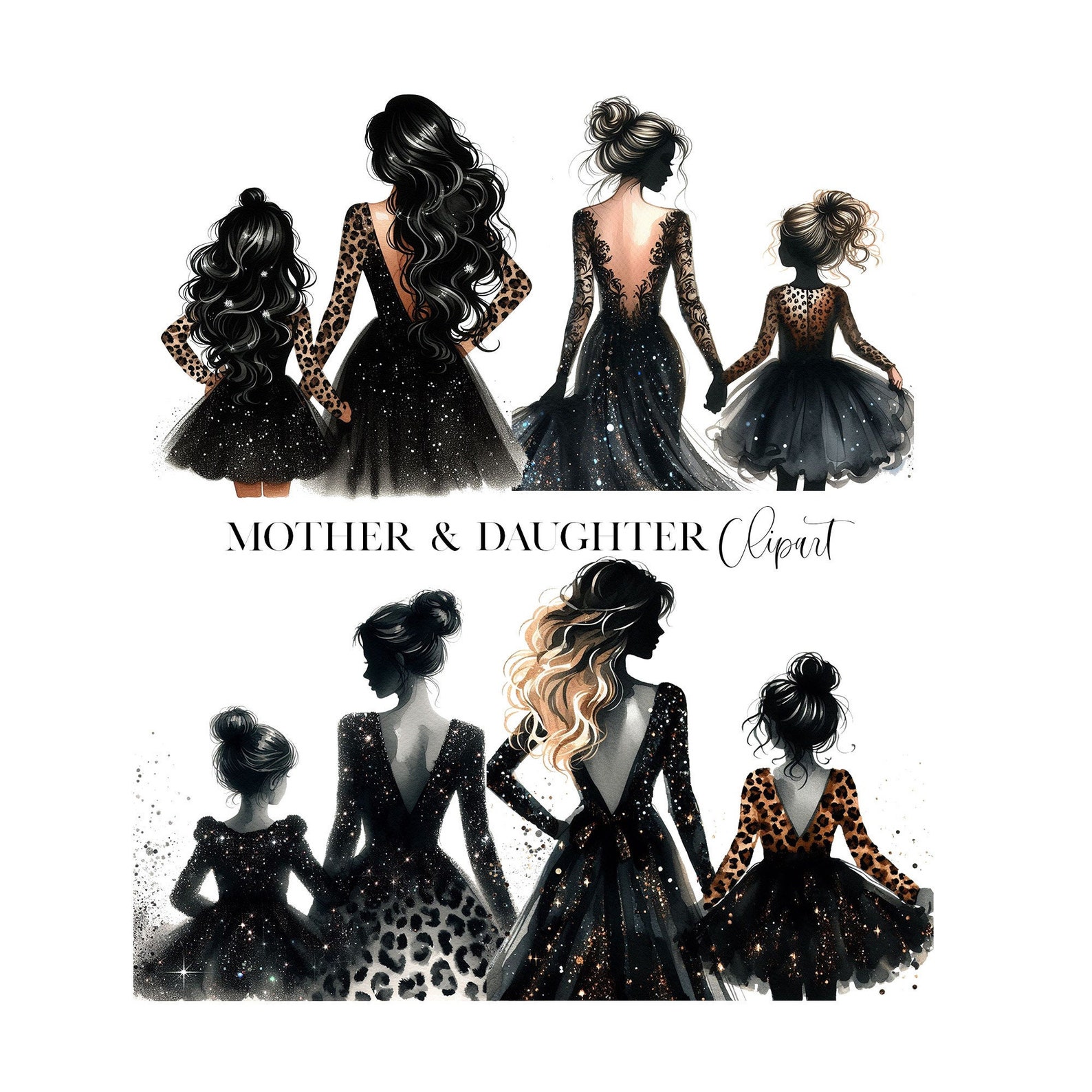 Mother and Daughter Clipart Set Mother's Day Clipart Black and Silver ...