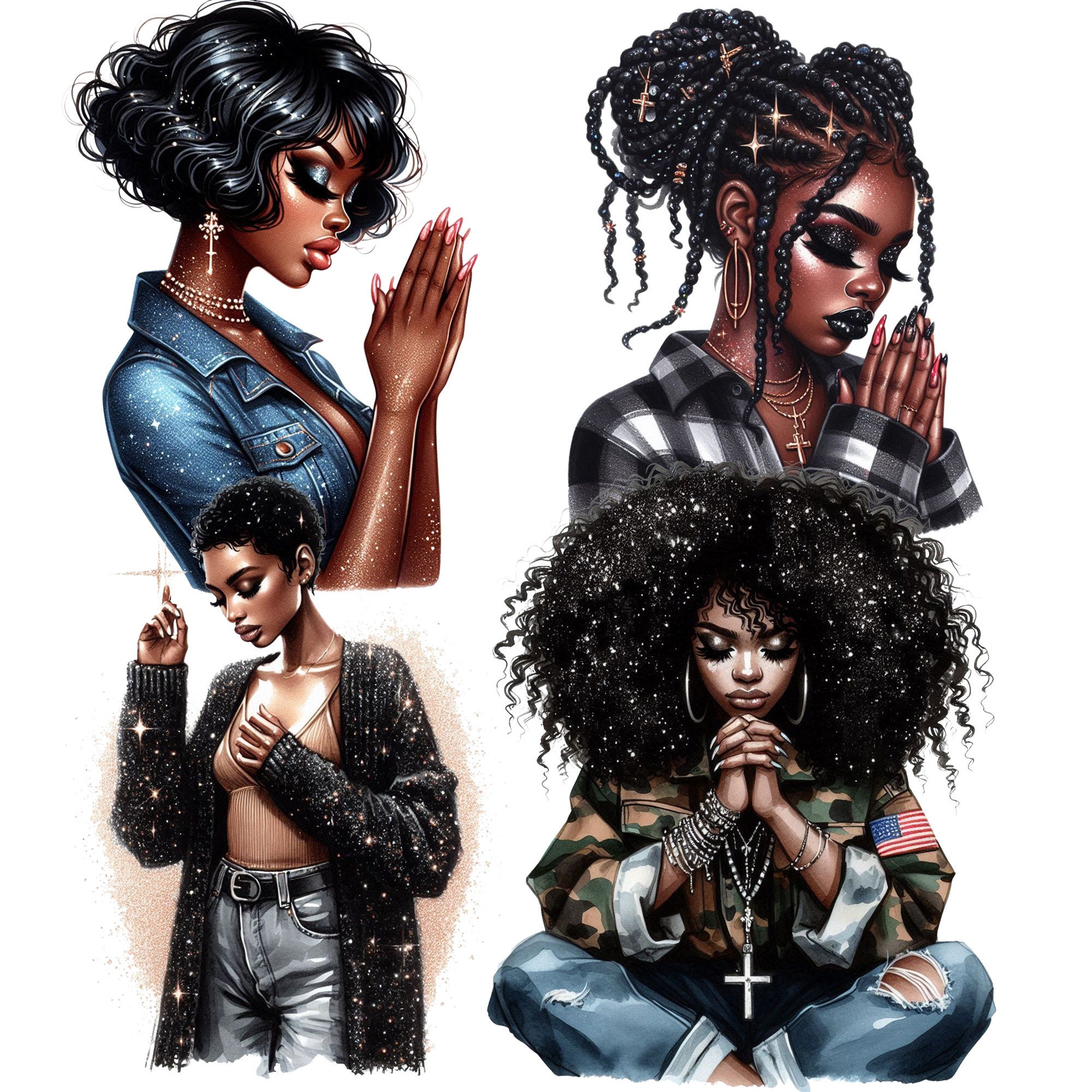 12 Black Women Praying, Black Girl Faith Clipart, Jesus and Faith Bible ...