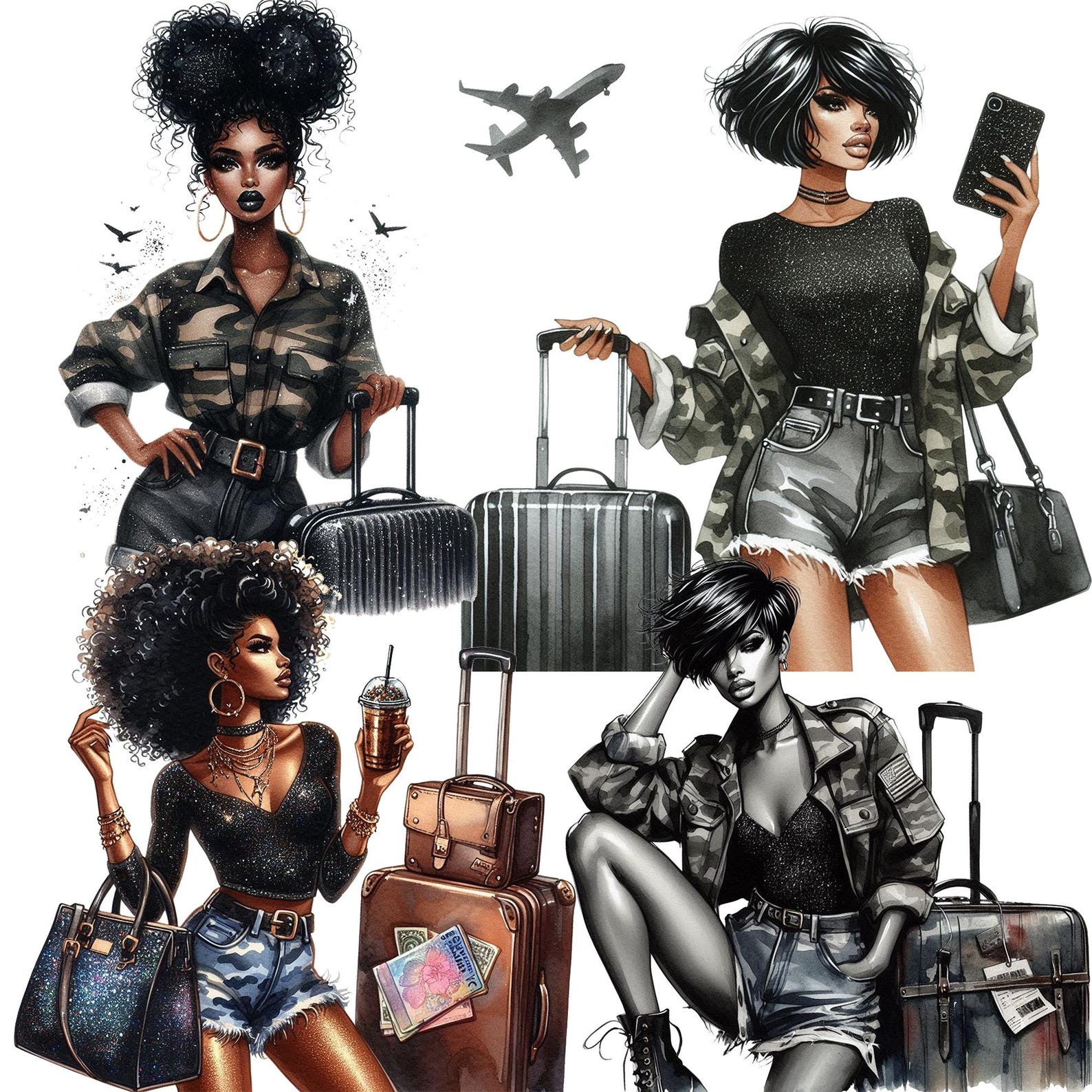 Black Girl Travel Clipart, Black Woman Traveling Clipart, Sublimation ...