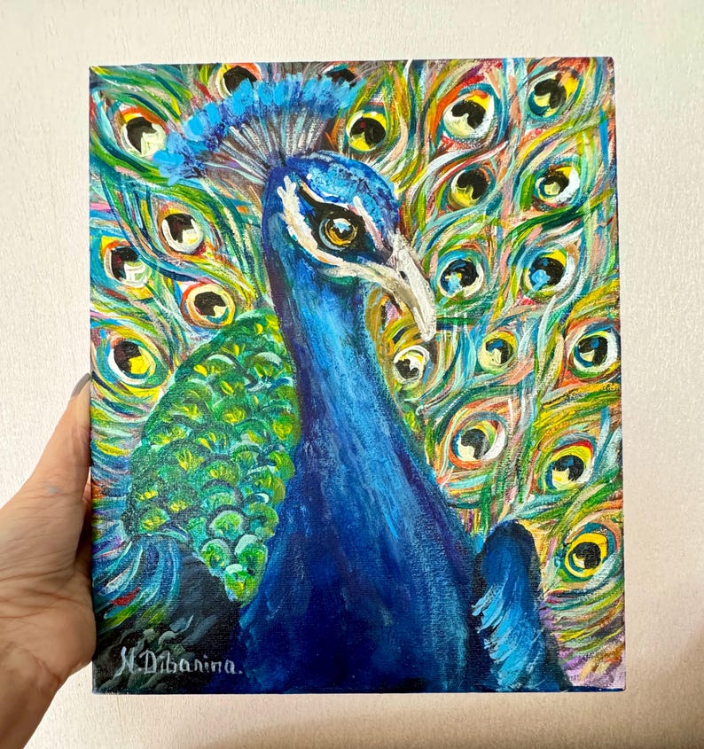 Pintura de pavo real, arte original, pájaro exótico, arte de pared ...
