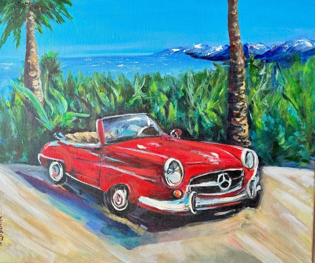 Vintage Red Car Painting Original Art Retro Wall Art Classic Car Lovers ...