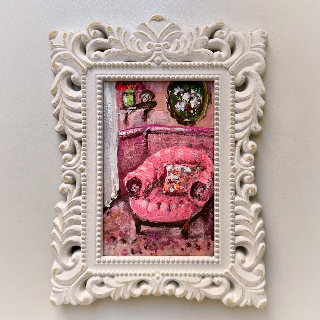 Vintage Pink Room Painting: Acrylic Chair Art, Framed Miniature - Etsy