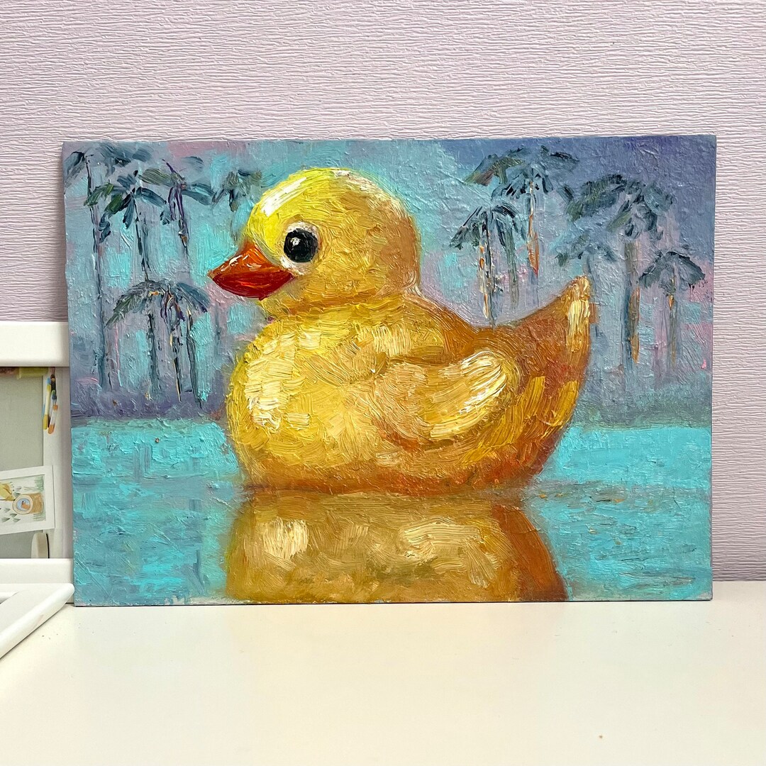 Ducky Painting Oil Original Art Yellow Rubber Toy Nursery Bathroom Wall ...