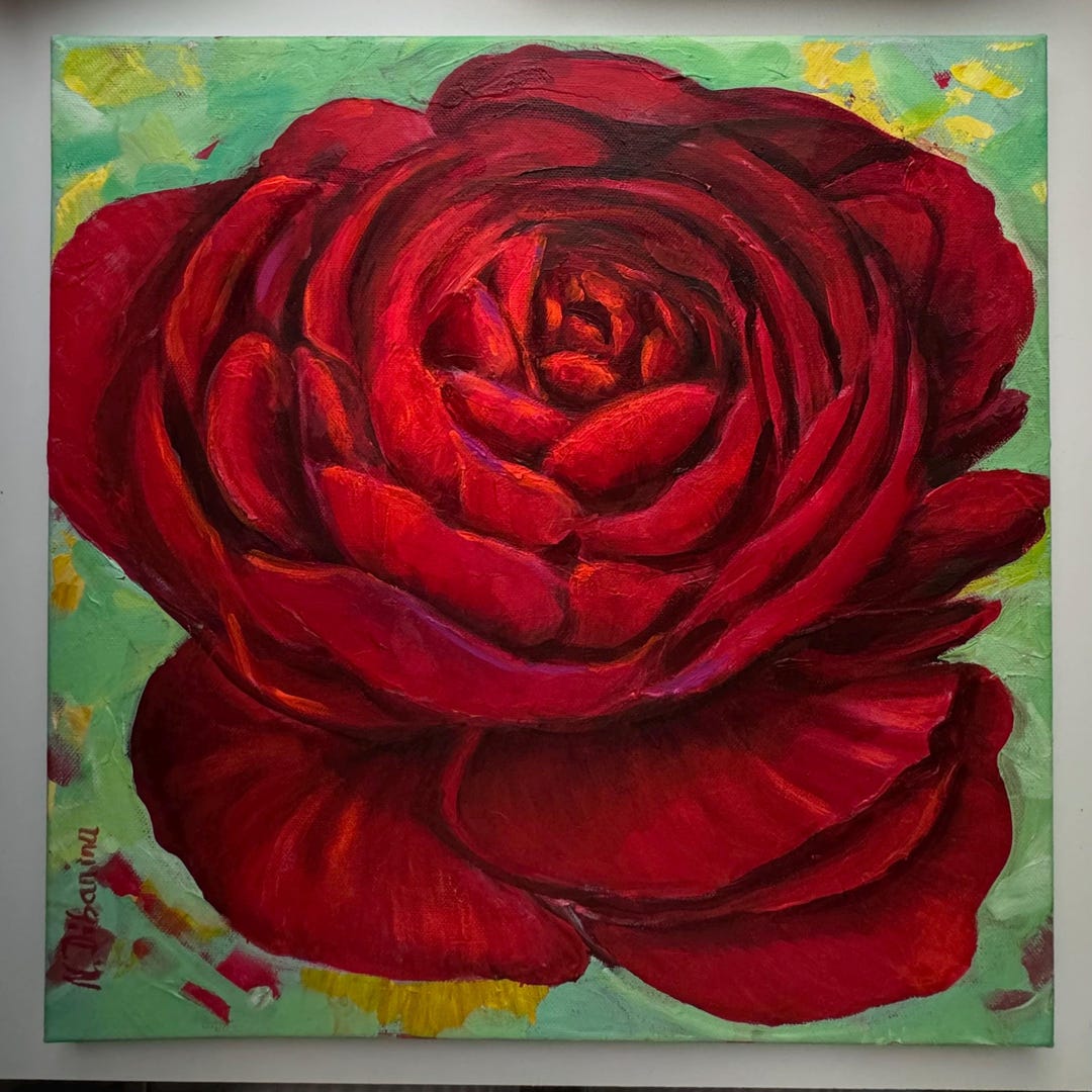 Red Rose Acrylic Painting Canvas Original Flower Art Square Wall Art ...