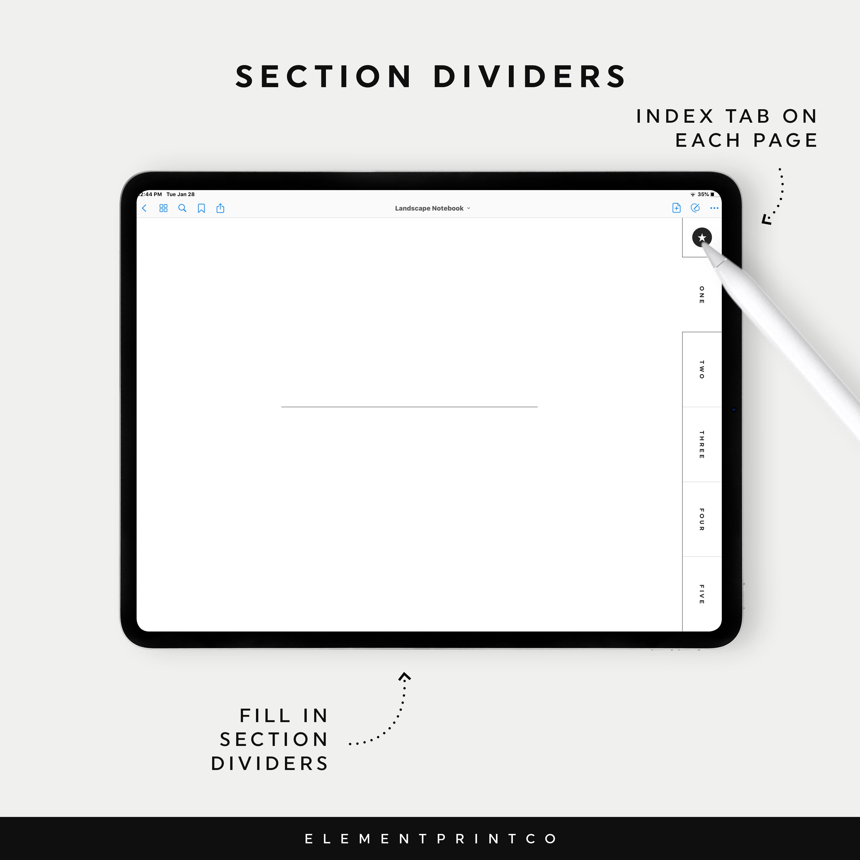 Landscape Digital Notebook With Tabs, Black Minimal 5 Subject Notebook ...