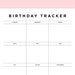 Birthday Tracker Printable, Yearly Birthday Printable, Birthday Tracker ...