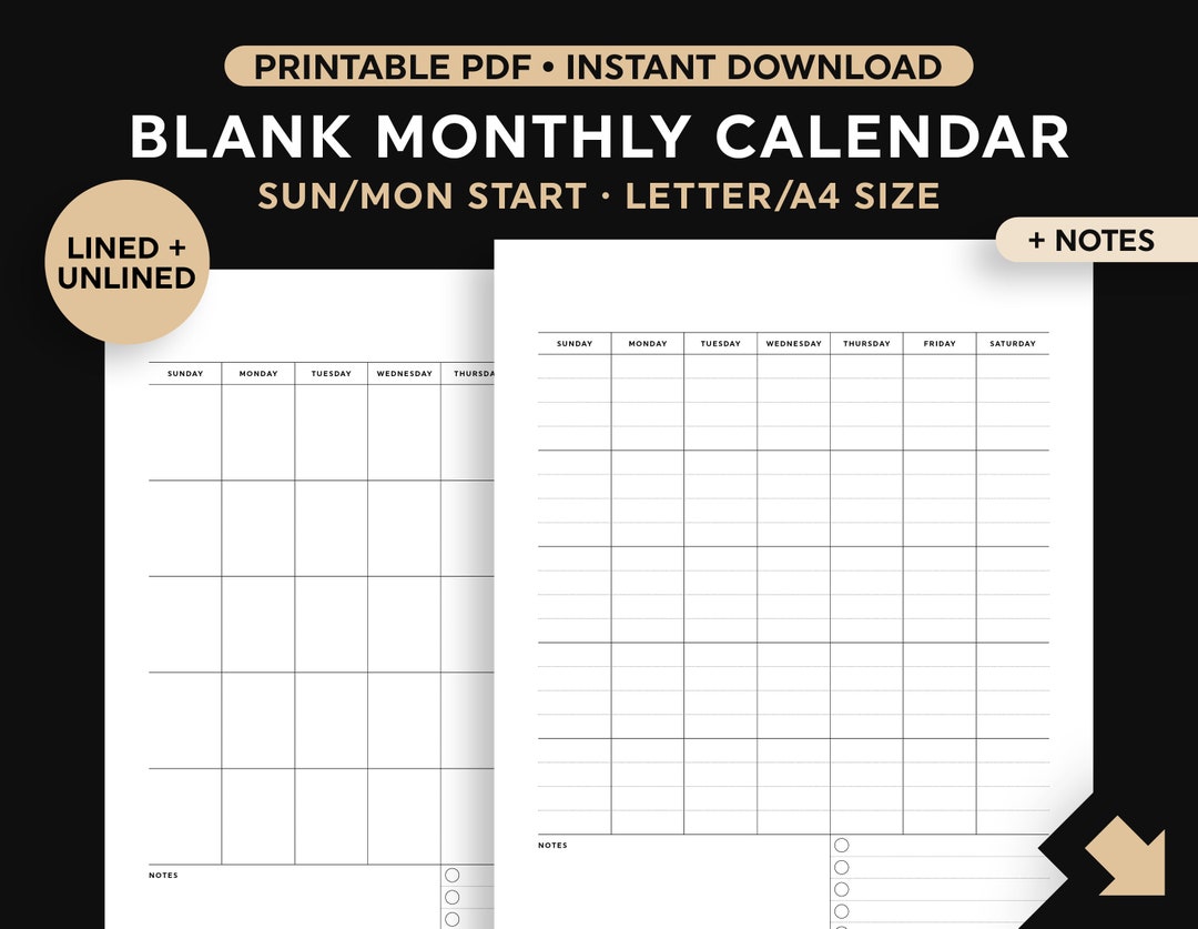 Blank Vertical Calendar + Notes Printable, Monthly Calendar, Month ...