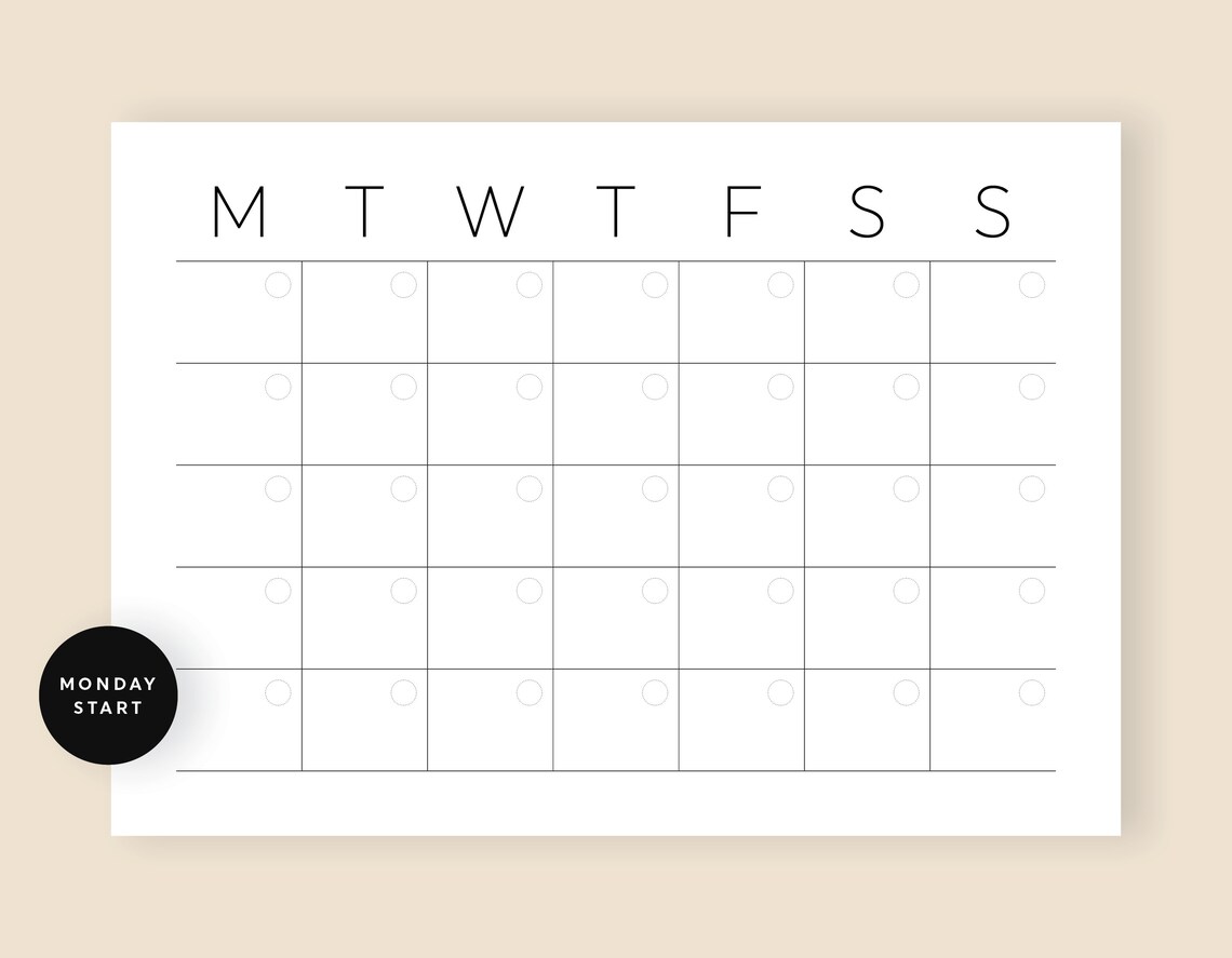 Blank Calendar Printable Monthly Calendar Template Wall | Etsy