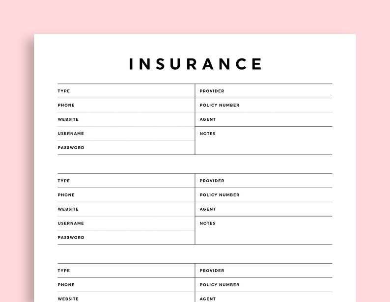 Insurance Printable, Insurance Contact List, Insurance Info Printable ...