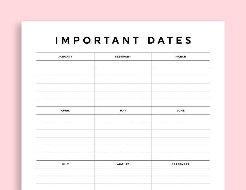Important Dates Printable, 2023 Dates Printable, Yearly Dates Printable ...