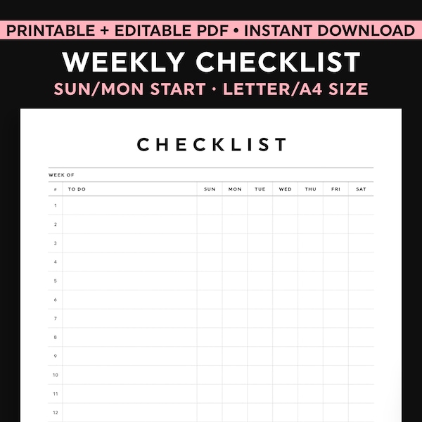 Weekly Editable Checklist - Etsy