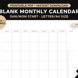 Blank Calendar Notes Printable Monthly Calendar, Wall Calendar, Desk ...