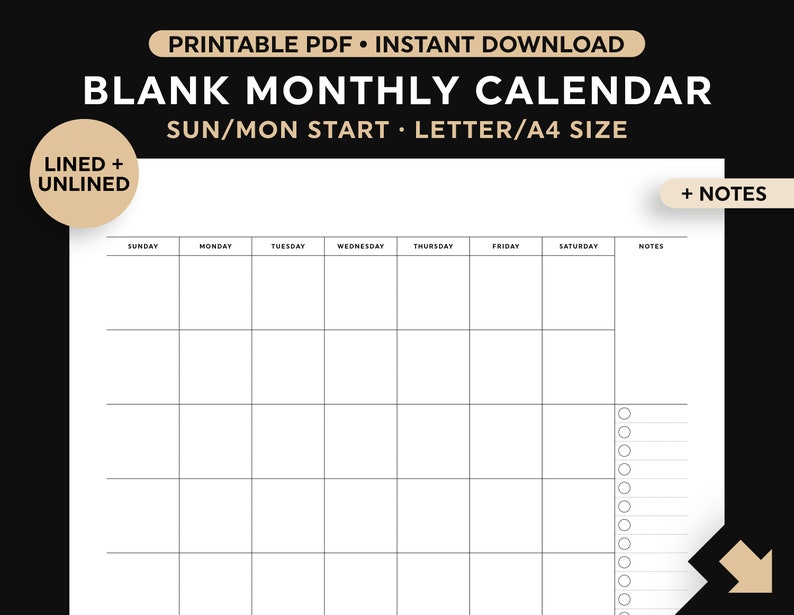 Blank Calendar Notes Printable Monthly Calendar, Wall Calendar, Desk ...
