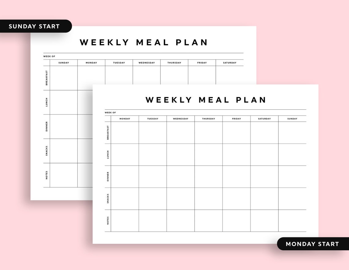 Meal Plan Template, Weekly Meal Planner Printable, Sunday/monday Start ...
