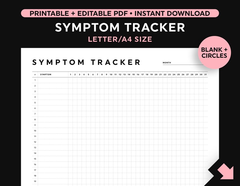 Symptom Tracker Template, Monthly Symptom Tracker Printable, Chronic ...