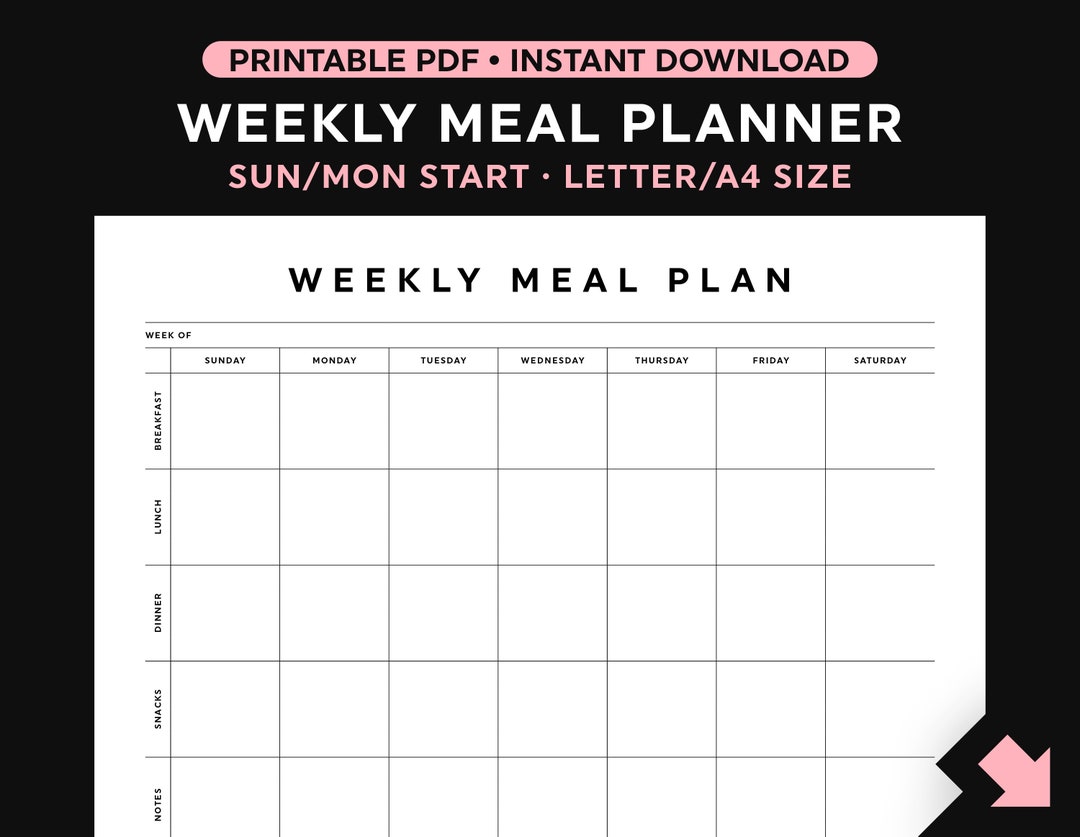 Meal Plan Template, Weekly Meal Planner Printable, Sunday/monday Start ...