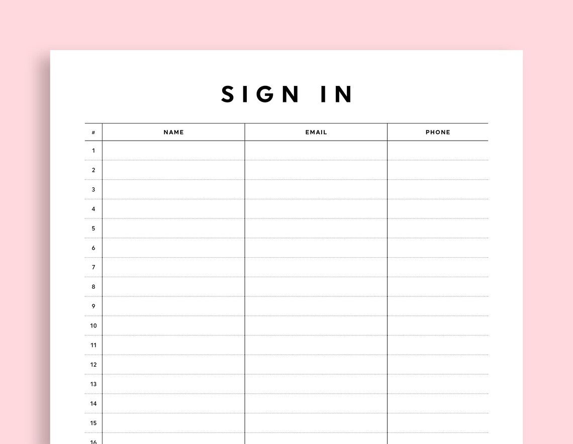 Sign in Printable, Sign in Sheets Printable, Sign in Template, Letter ...