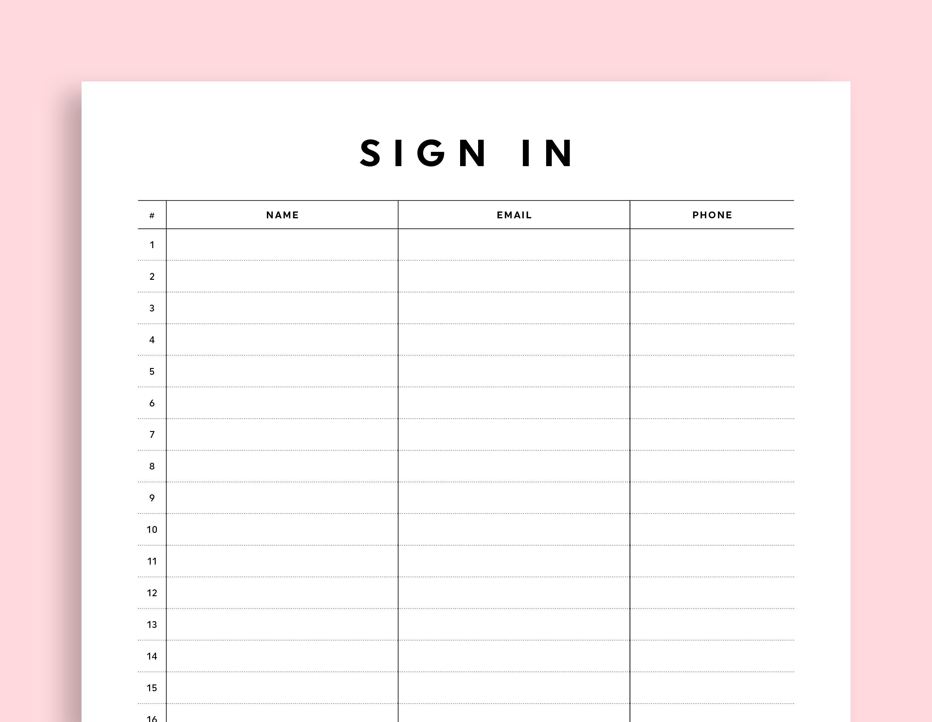 Sign in Printable, Sign in Sheets Printable, Sign in Template, Letter ...