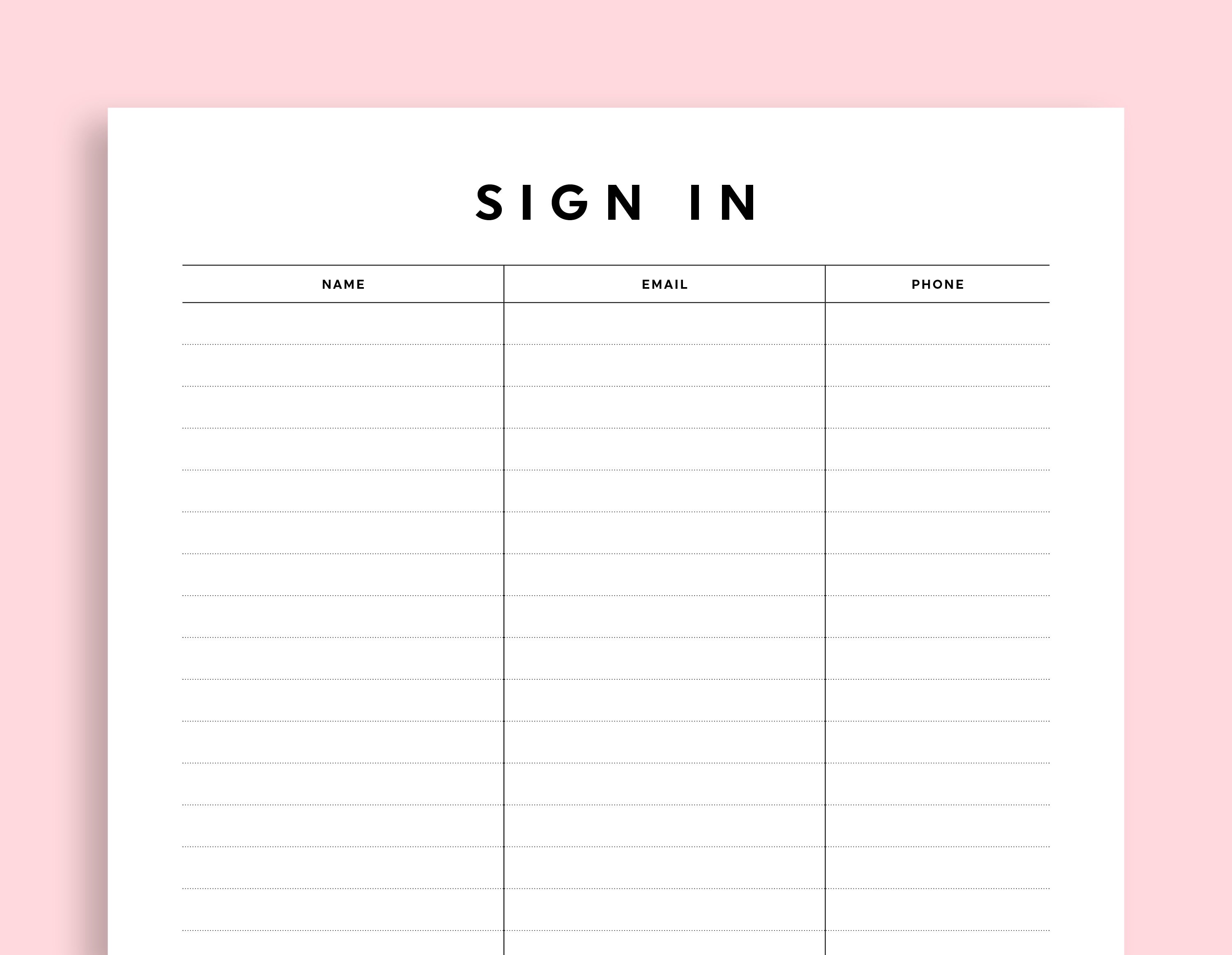 Sign in Printable, Sign in Sheets Printable, Sign in Template, Letter ...