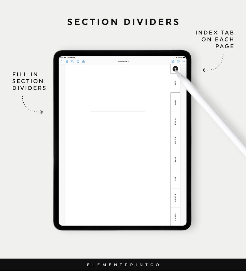 Digital Notebook With Tabs Black Minimal 8 Subject Notebook - Etsy