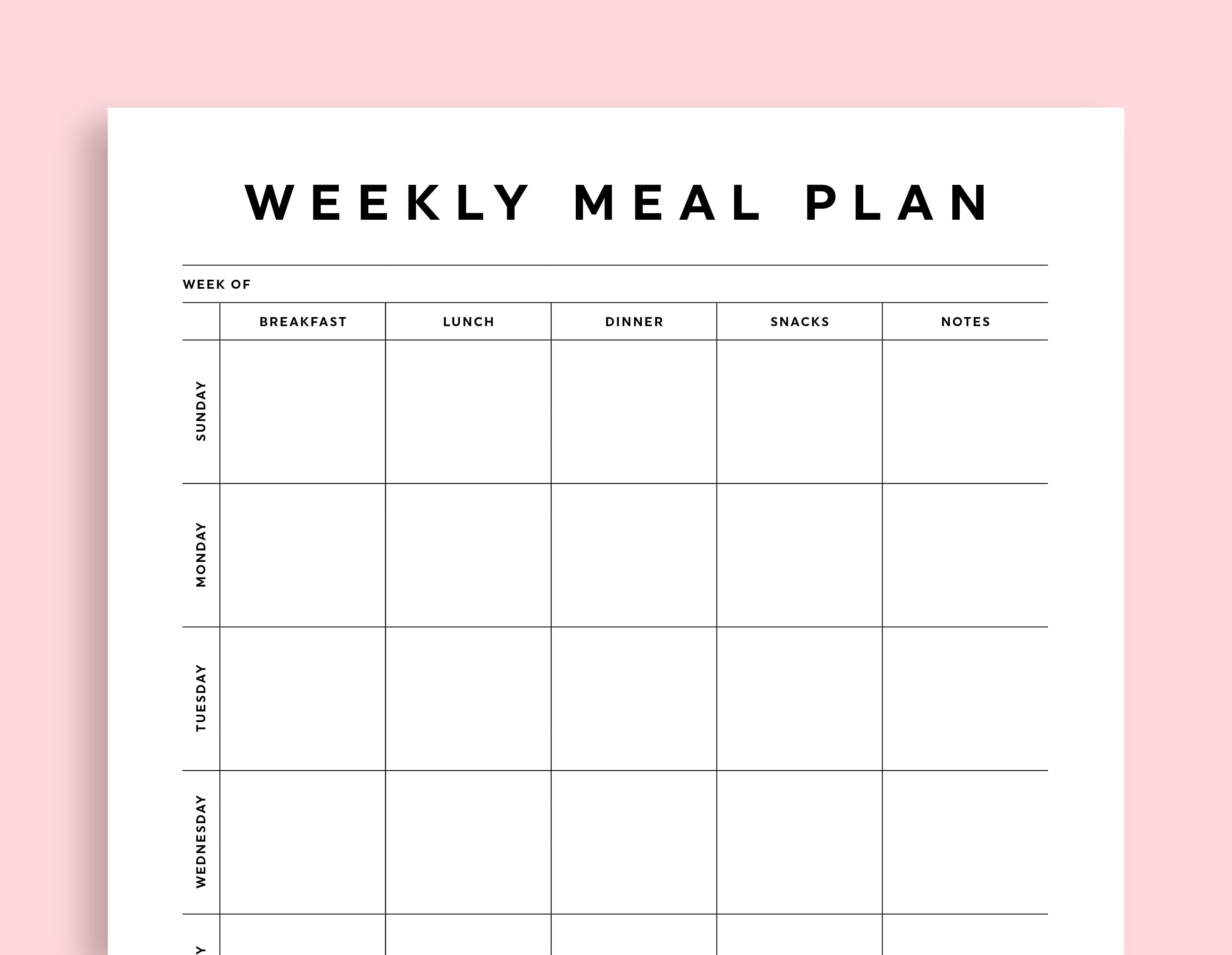 Meal Planner Template, Weekly Meal Plan Printable, Sunday/monday Start ...