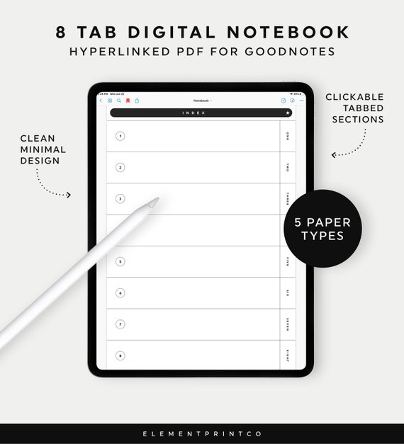 Digital Notebook with Tabs Black Minimal 8 Subject Notebook | Etsy