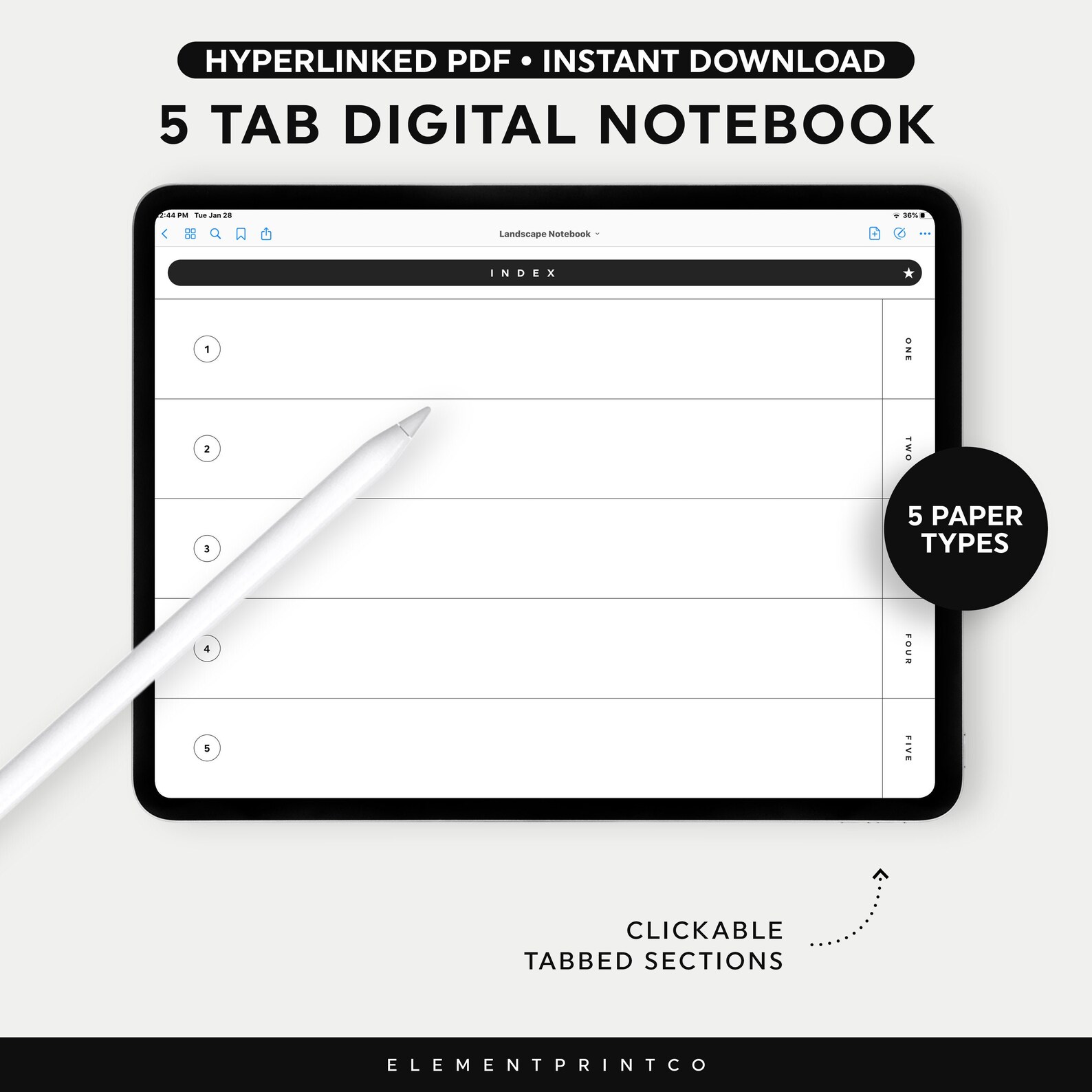 Landscape Digital Notebook With Tabs, Black Minimal 5 Subject Notebook ...