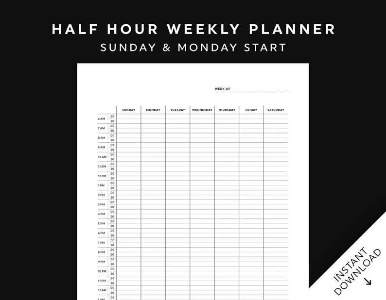 Half Hour Weekly Schedule Printable Half Hour Daily Schedule Etsy