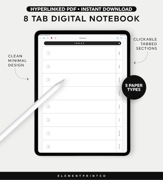 Digital Notebook With Tabs Black Minimal 8 Subject Notebook | Etsy