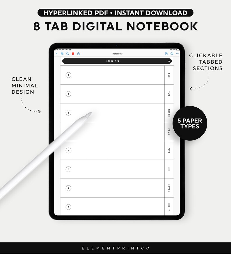 Digital Notebook With Tabs Black Minimal 8 Subject Notebook | Etsy