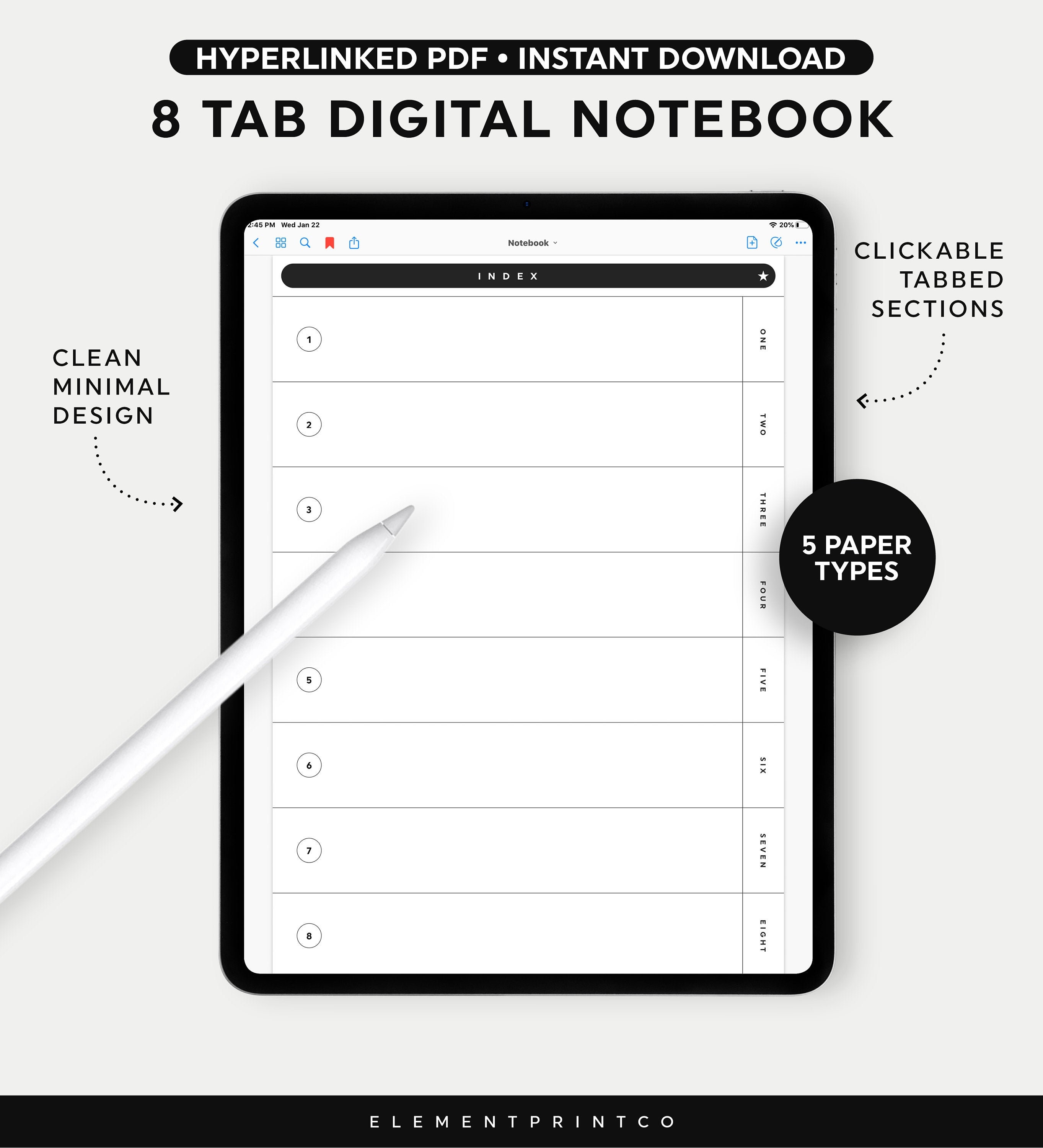 Digital Notebook With Tabs Black Minimal 8 Subject Notebook - Etsy