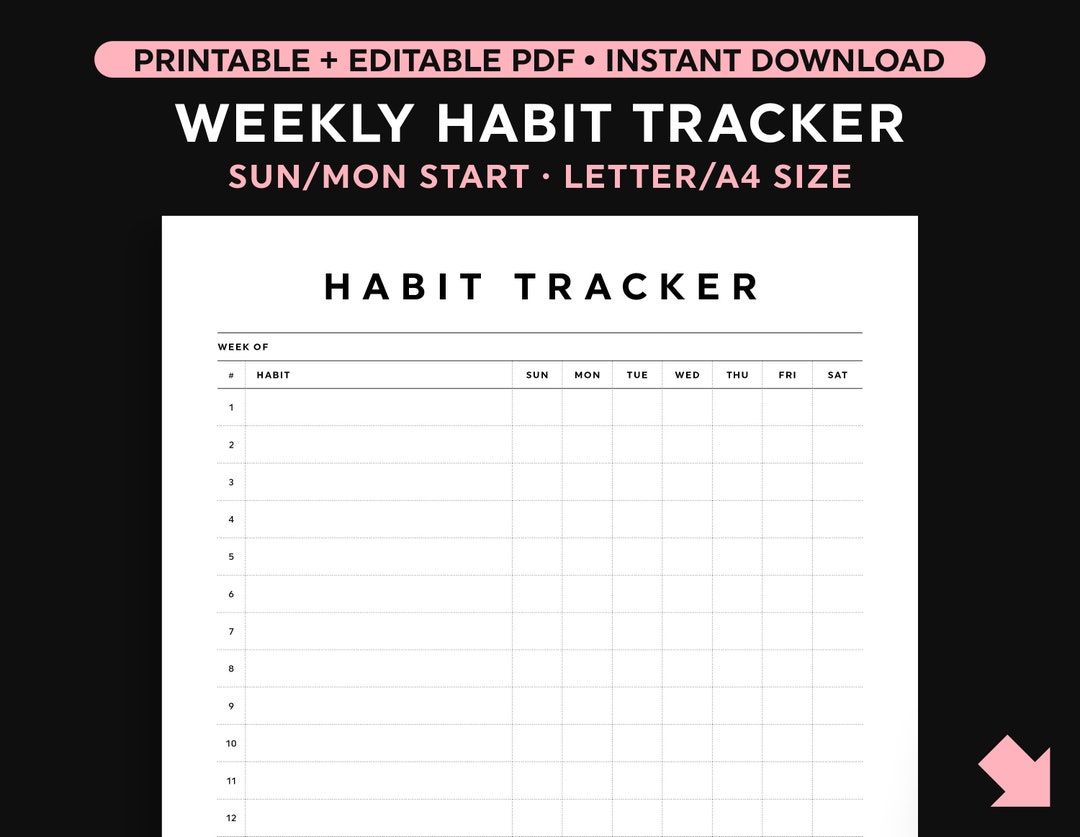 Weekly Habit Tracker Printable, Editable Fillable Weekly Habit Tracker ...