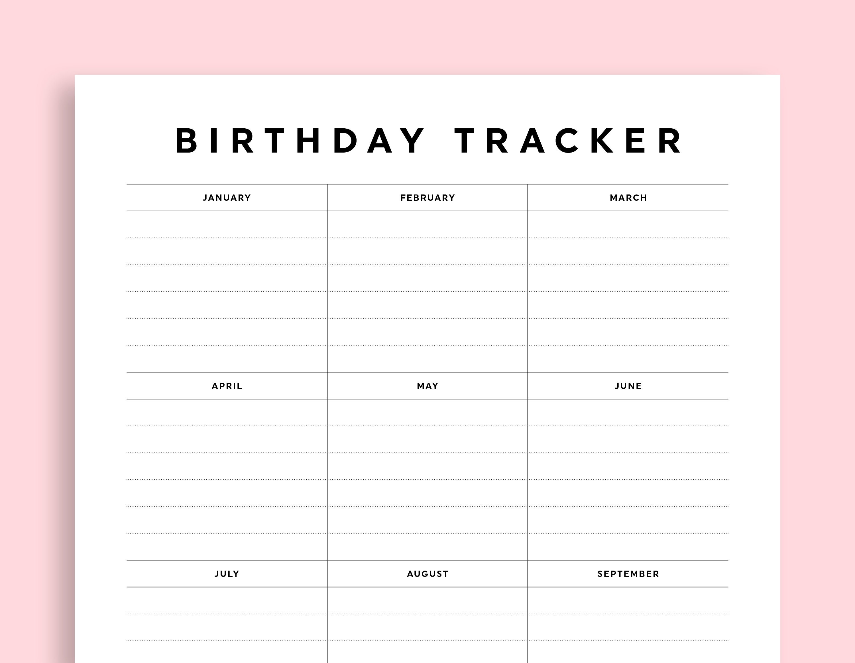 Birthday Tracker Printable, Yearly Birthday Printable, Birthday Tracker ...