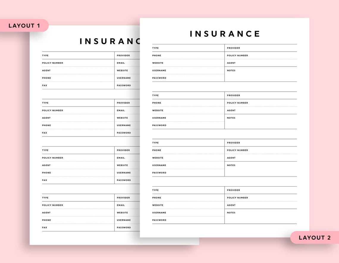 Insurance Printable Insurance Contact List Insurance Info | Etsy