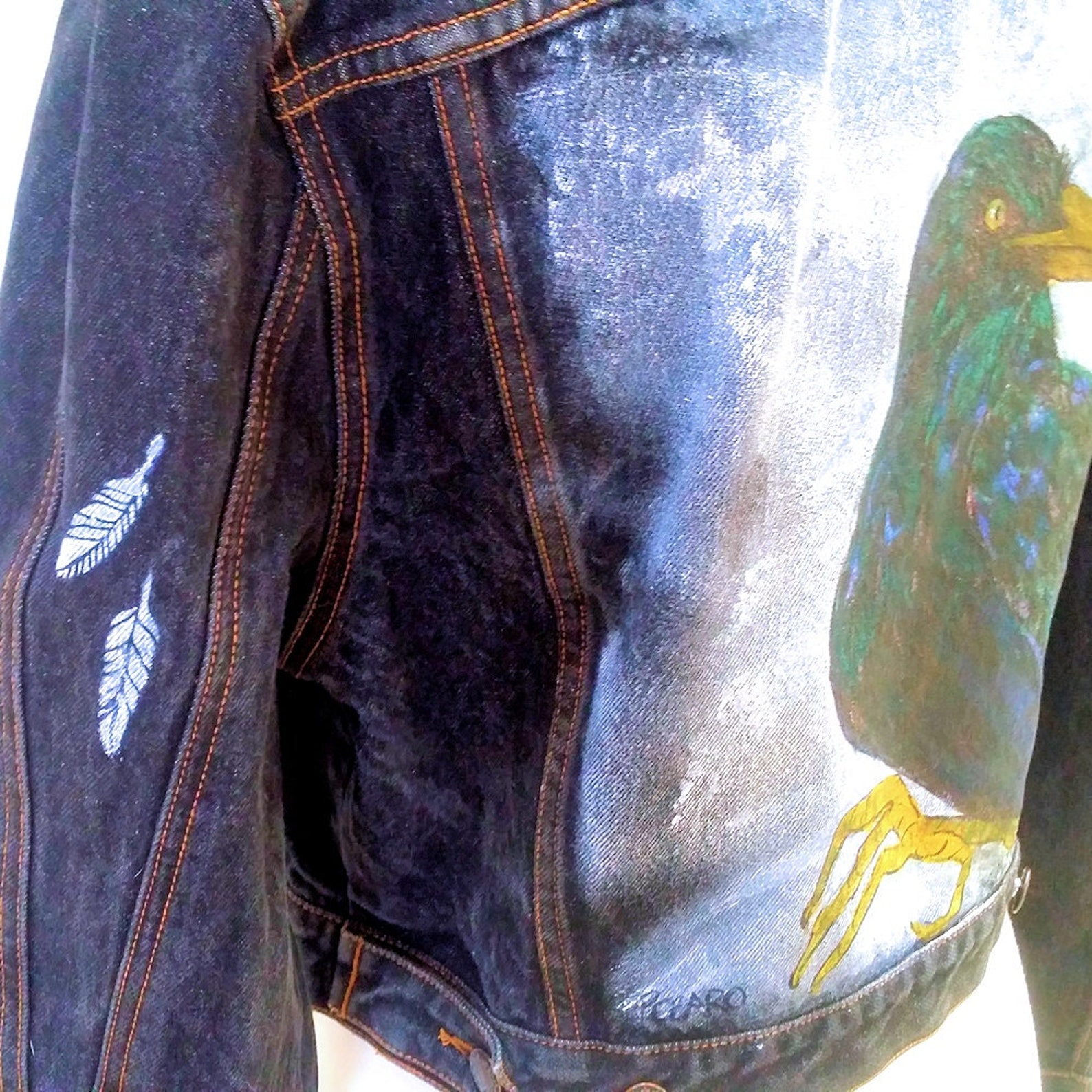 Art-ified No. 4 Raven Jacket Cropped Denim Trucker Hand Painted Dark ...