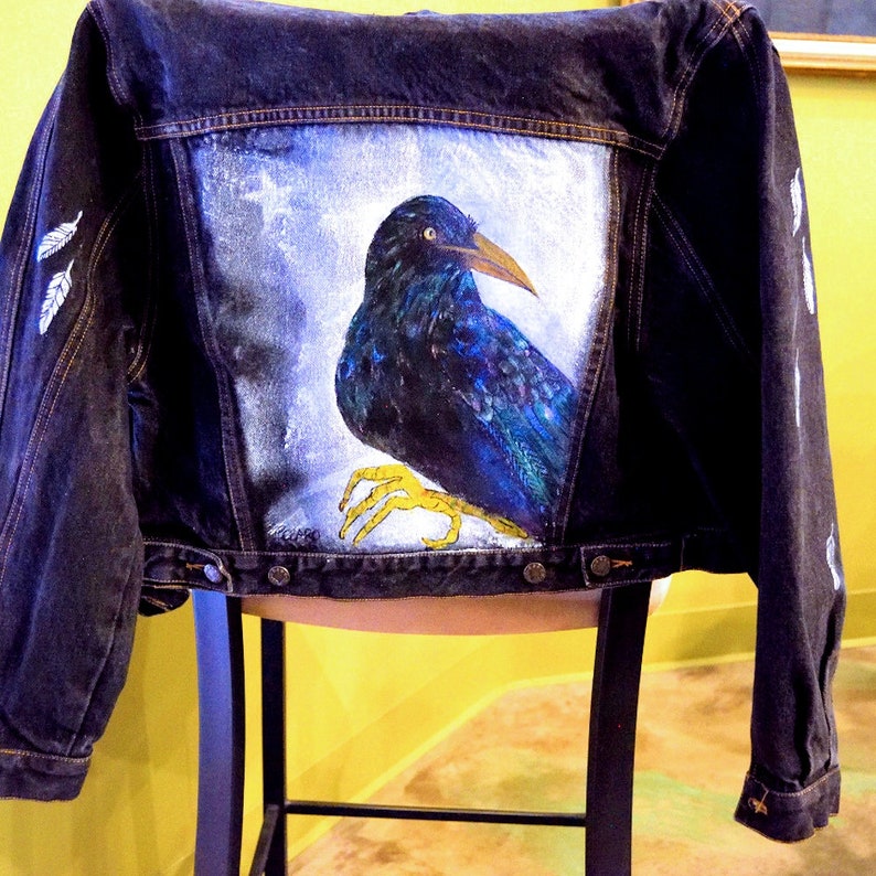 Art-ified No. 4 Raven Jacket Cropped Denim Trucker Hand Painted Dark ...
