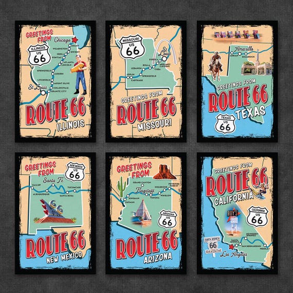 Historic Route 66 Postcards Vintage Retro Colorful High Quality Route