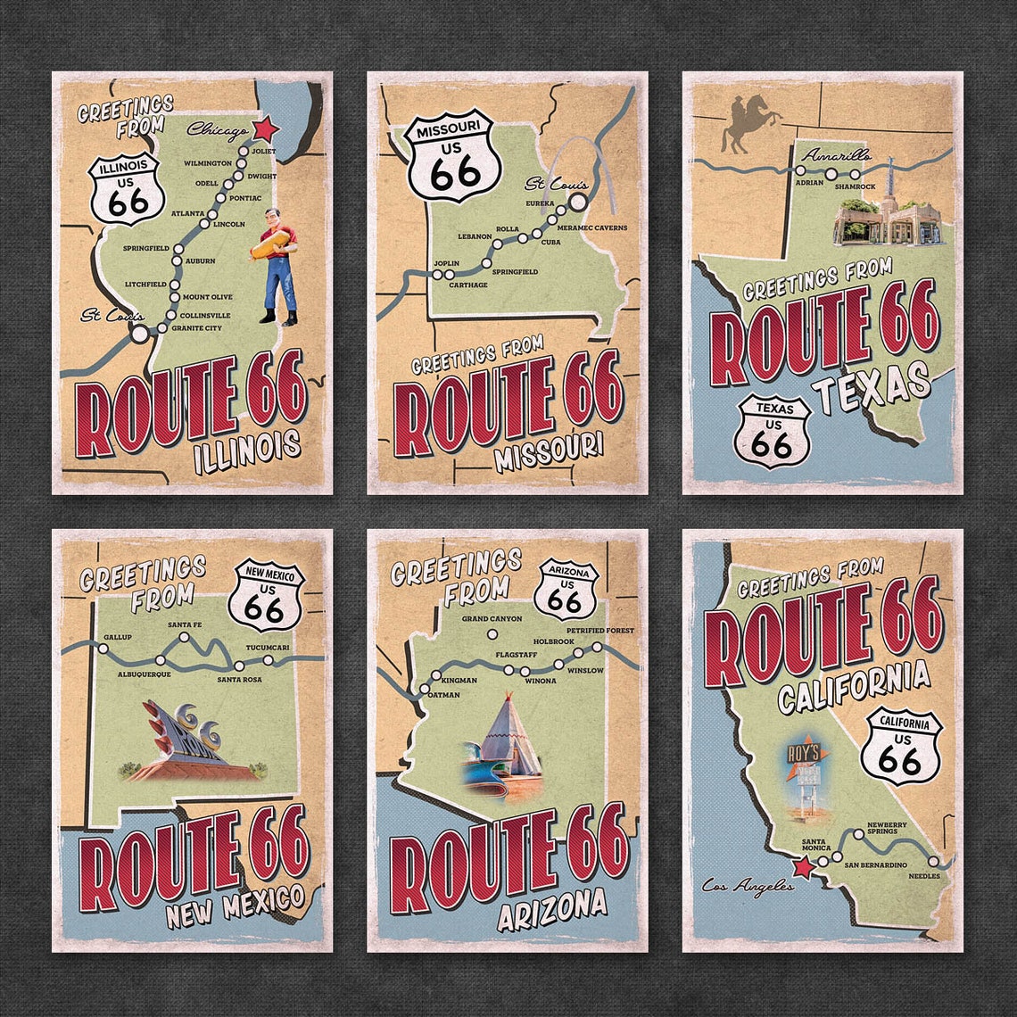 Route 66 State Map Postcards Set of 9 4x6 - Etsy