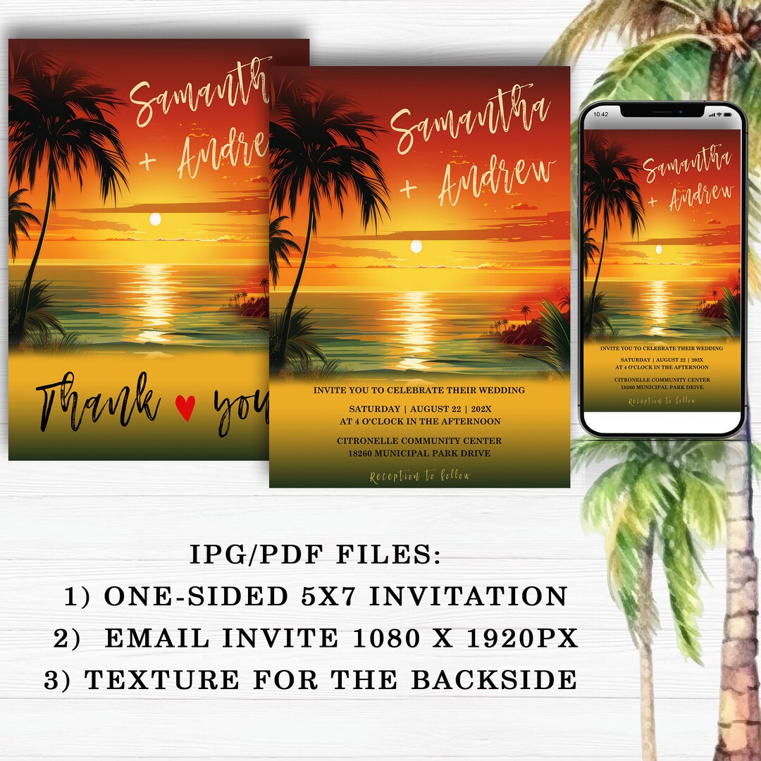Sunset Beach Themed Wedding Invitations, Elegant Palm Wedding Invites ...