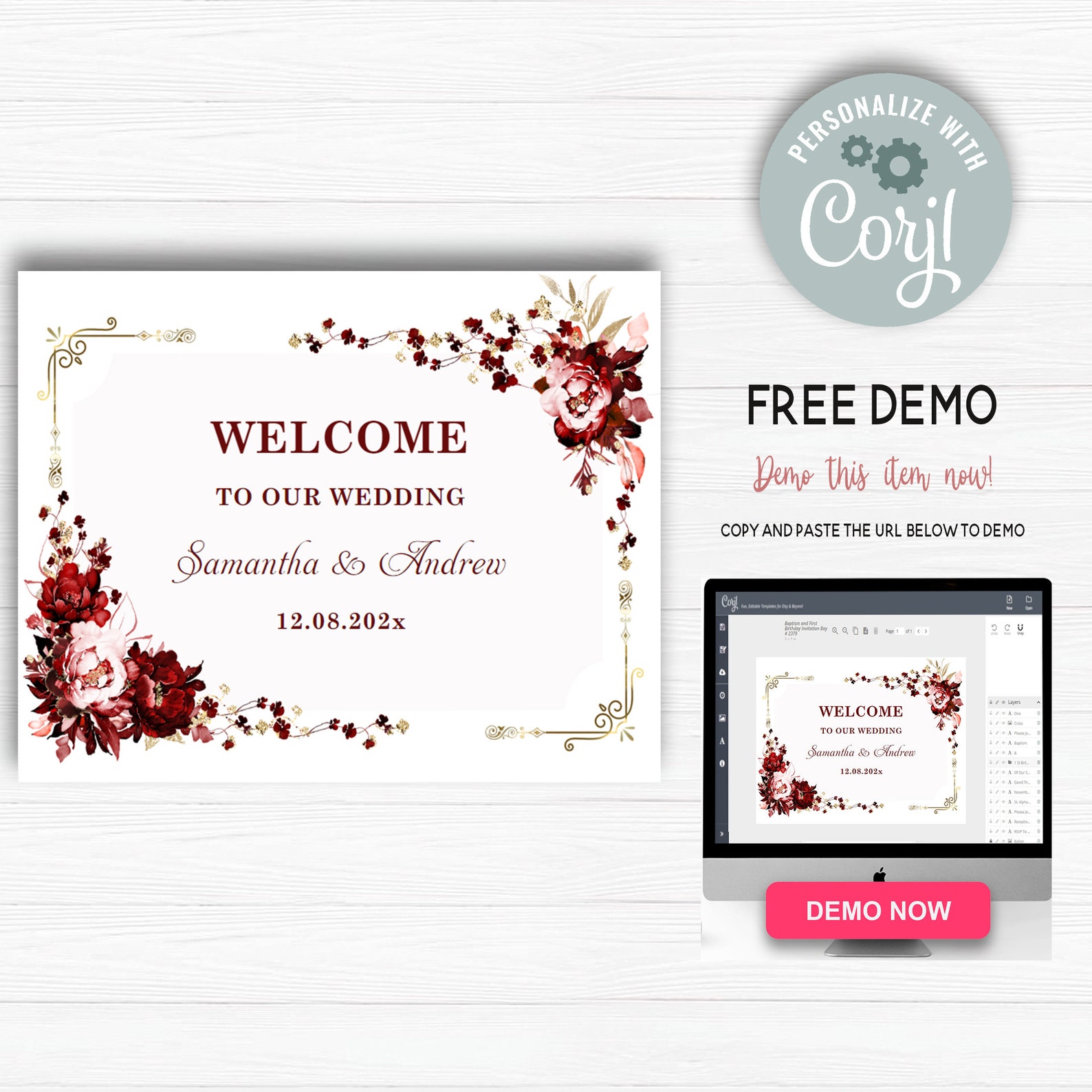 Gold and Burgundy Welcome Sign Template, Editable Burgundy Wedding ...