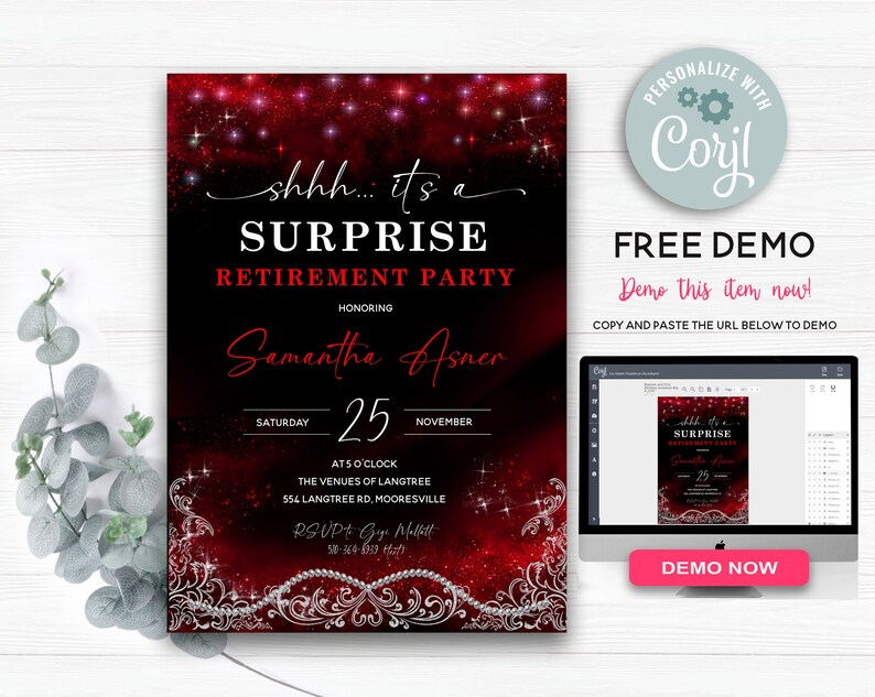 Surprise Retirement Invitation Black Red, Editable Retirement Party ...
