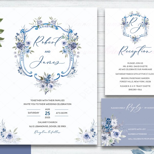 Dusty Blue and White Wedding Invitation - Etsy