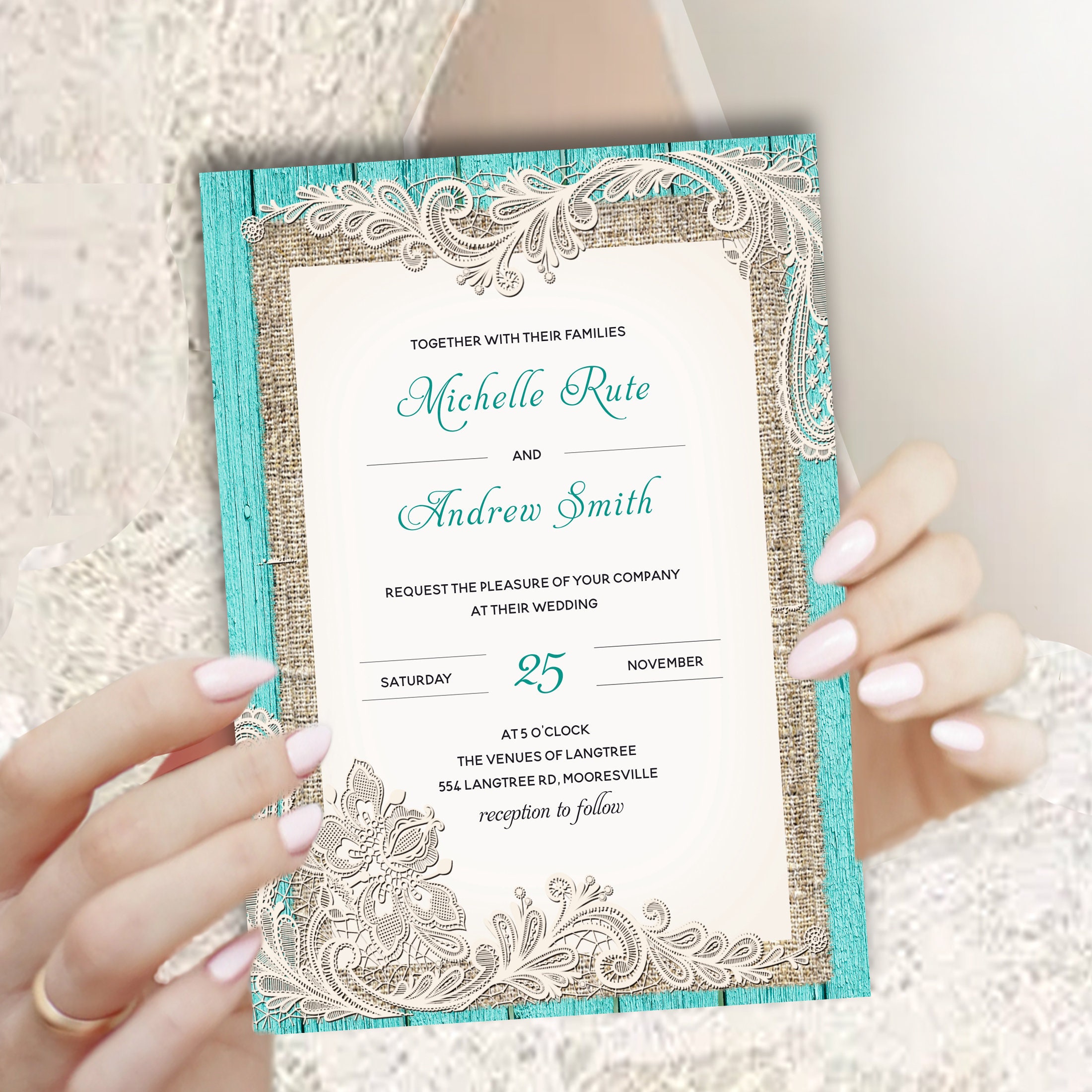 Rustic Turquoise Wedding Invitations, Teal Wedding Set, Rustic Teal ...