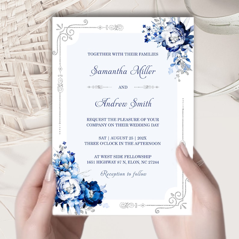 Royal Blue Silver Wedding Invitation Template, Blue and White Wedding ...