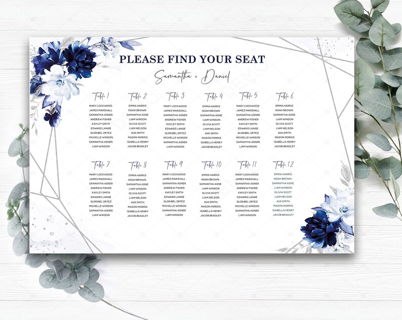 Printed Royal Blue and Silver Seating Chart Foam Board Royal - Etsy