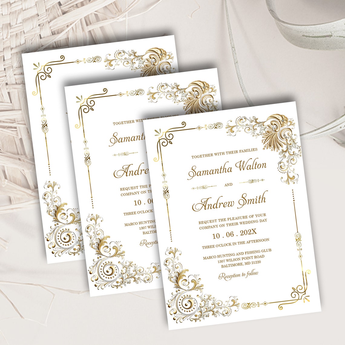 Editable Gold and White Wedding Invitations, Elegant White Gold Wedding ...