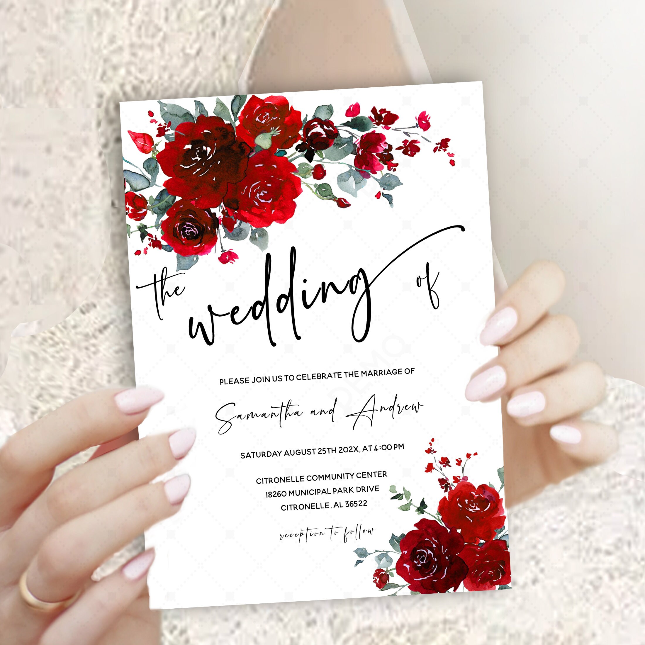 Elegant Red Rose Wedding Invitation Custom Floral Design, Romantic ...