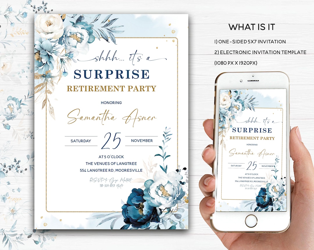 Surprise Retirement Invitation Navy Blue, Editable Retirement Party ...