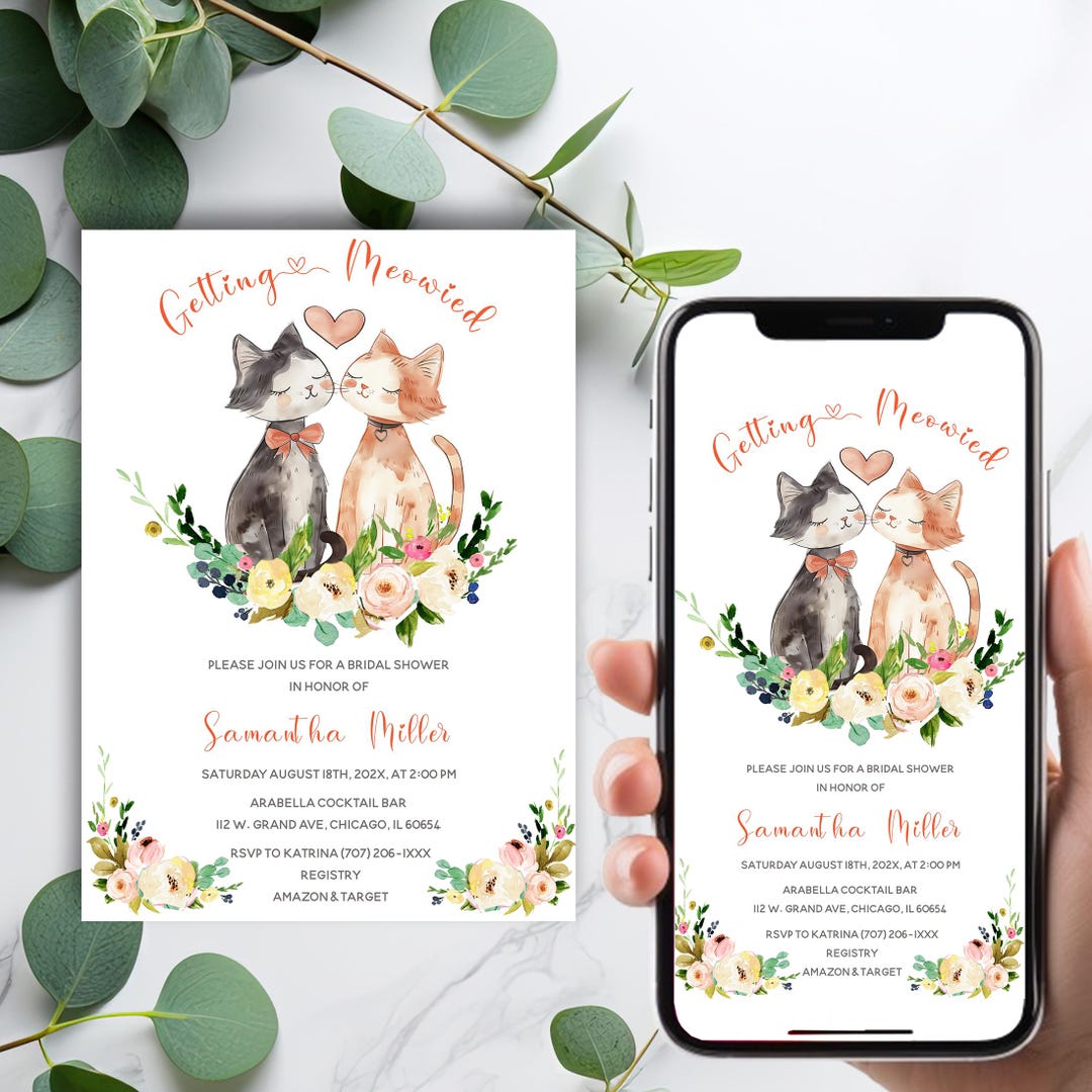 Whimsical Cat Bridal Shower Invite, Cat Getting Meowied Invitation ...